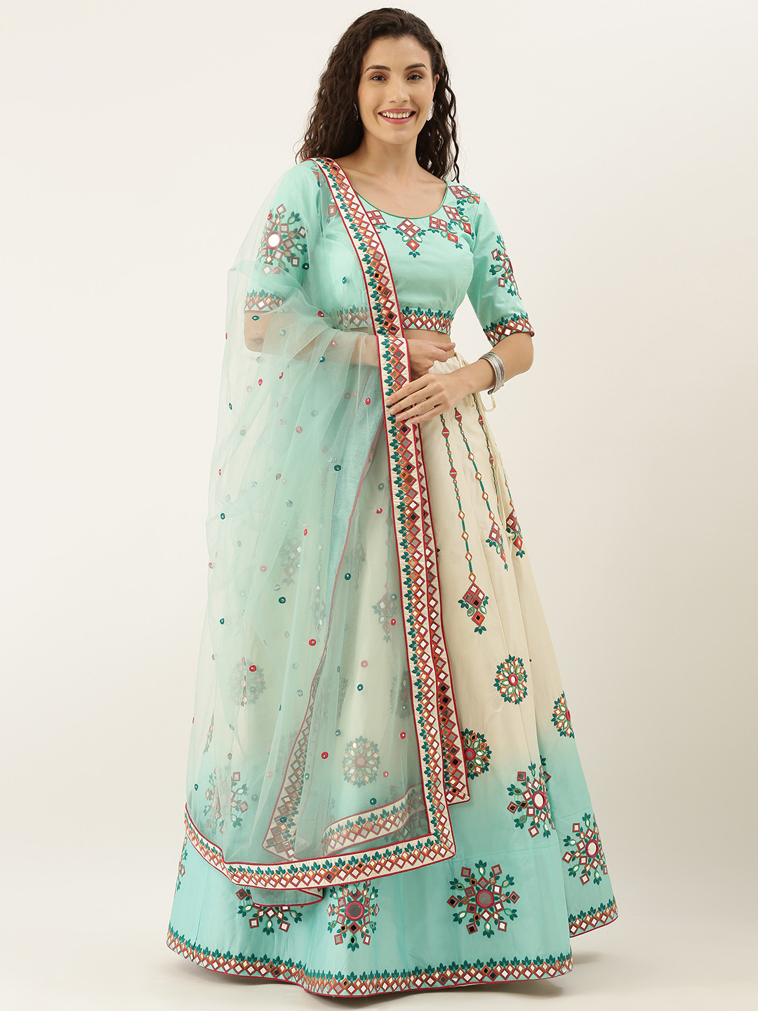 Buy Panchhi Off White & Sea Green Embroidered Semi Stitched Lehenga ...