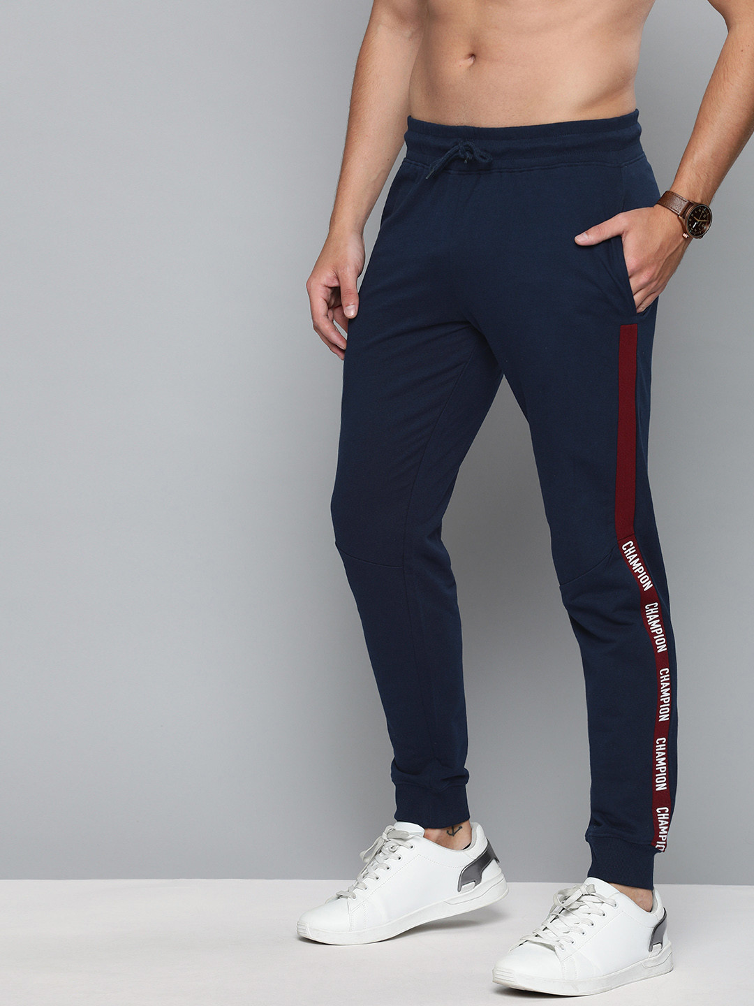 Buy HERE&NOW Men's Navy Blue Solid Track Pants With Side Stripes ...