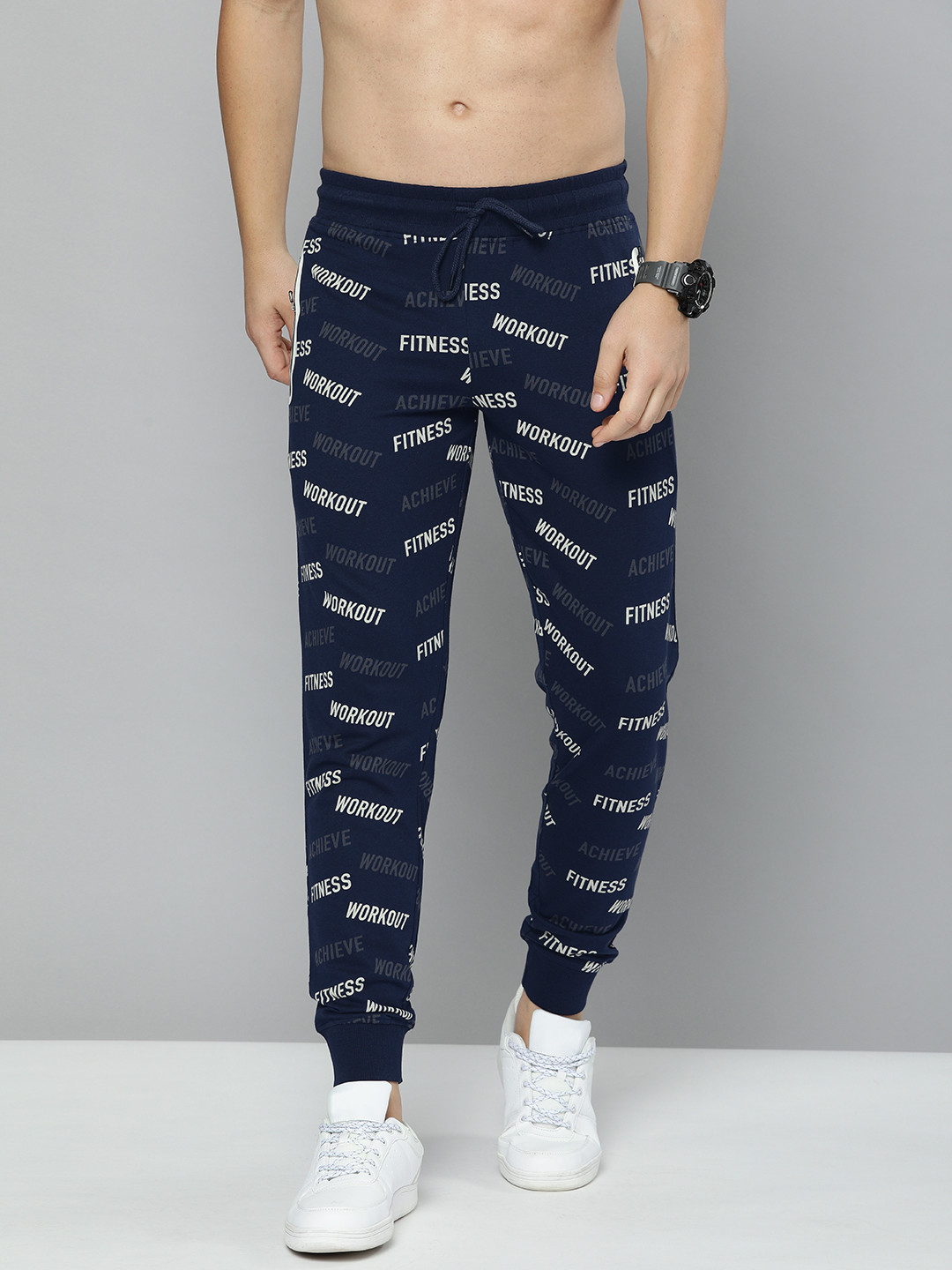 Buy HERE&NOW Men Navy Blue & Off White Printed Straight Fit Joggers ...