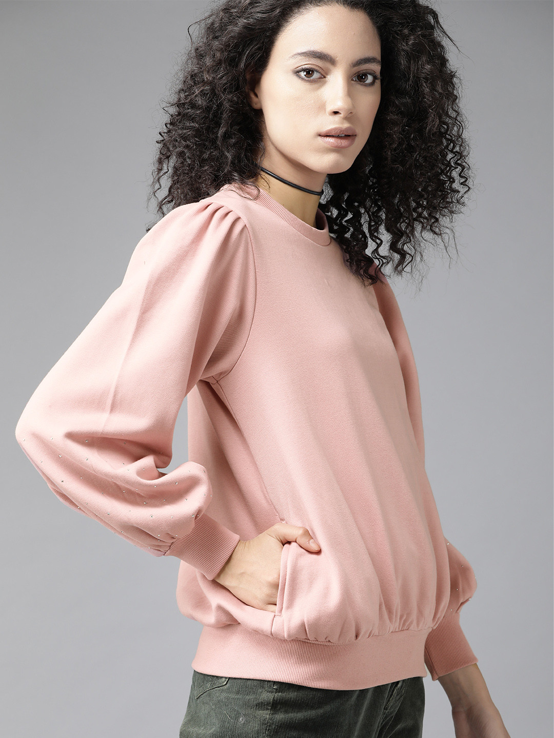 Buy Roadster Women Pink Solid Puff Sleeves Sweatshirt - Sweatshirts for ...