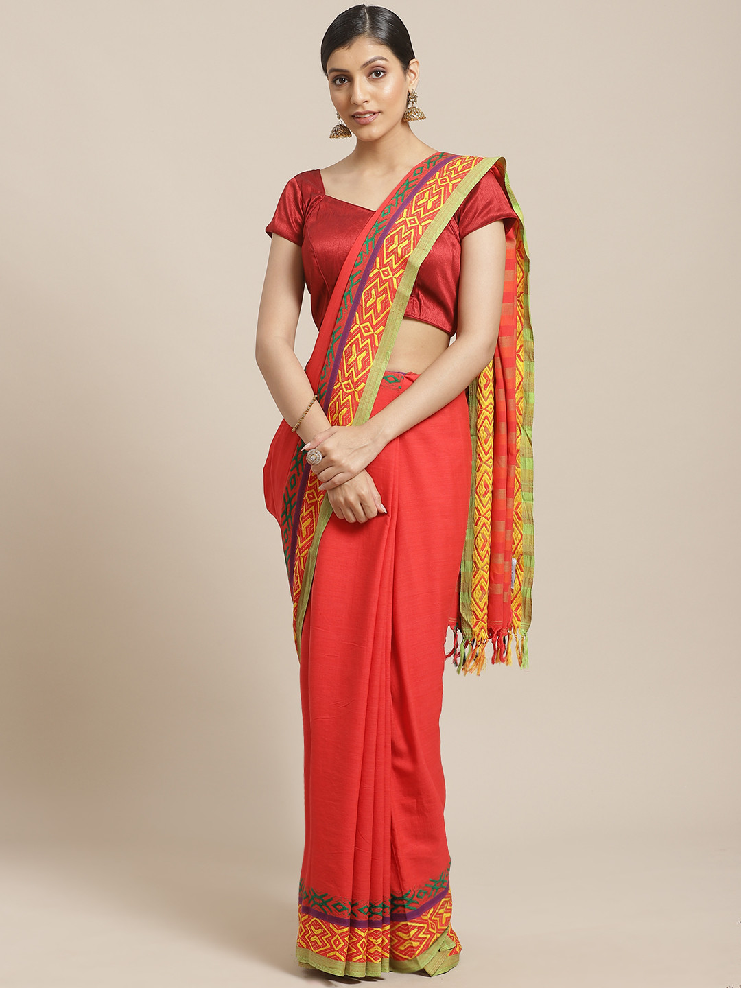 Buy Biswa Bangla Red Solid Pure Cotton Handwoven Dokhna Saree - Sarees ...