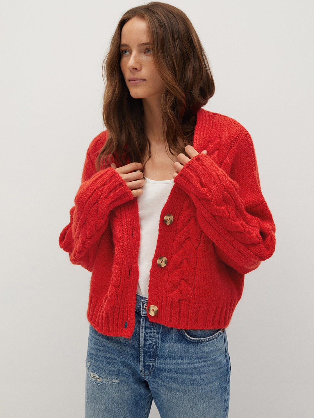 Buy MANGO Women Red Cable Knit Cardigan - Sweaters for Women 12676700 ...