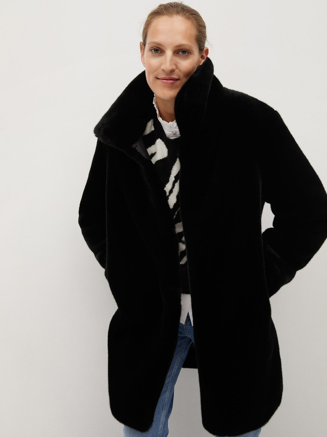 Buy MANGO Women Black Faux Fur Longline Front Open Overcoat - Coats for ...