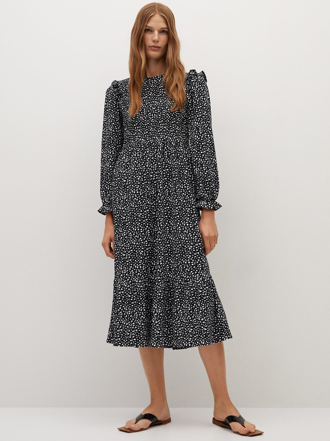 Buy MANGO Women Black & White Micro Ditsy Print Midi A Line Dress With ...