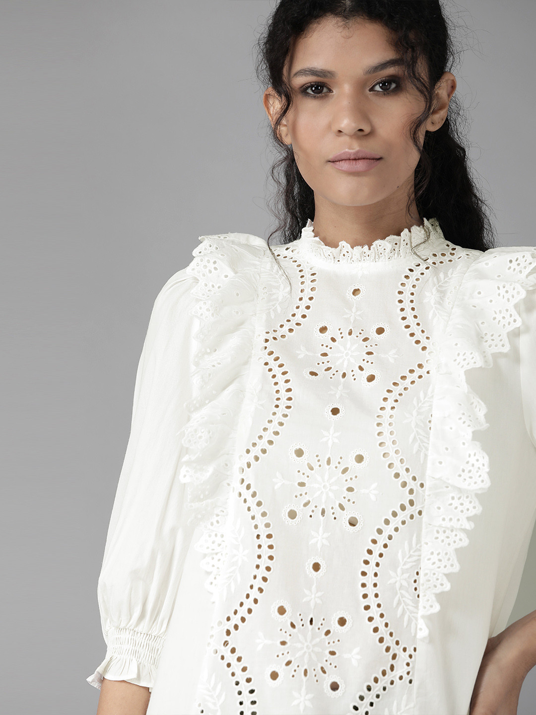 Buy Roadster Women White Self Design Schiffli Victorian Pure Cotton Top ...