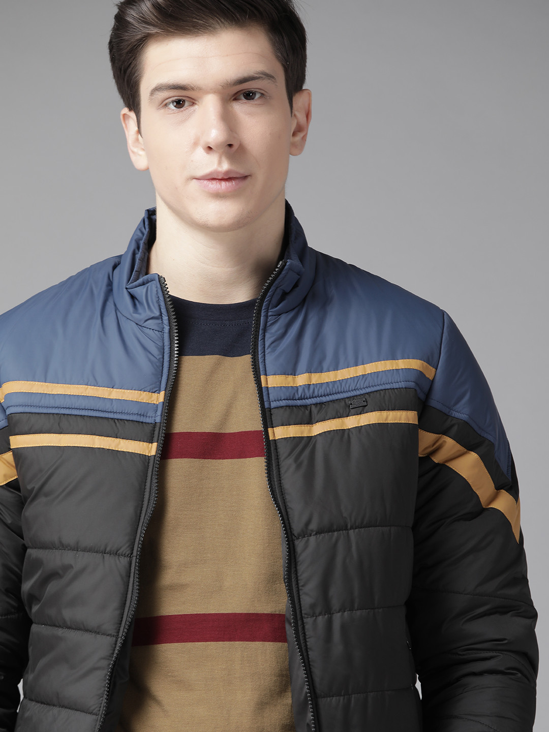 Buy Roadster Men Black & Blue Colourblocked Padded Jacket - Jackets for ...