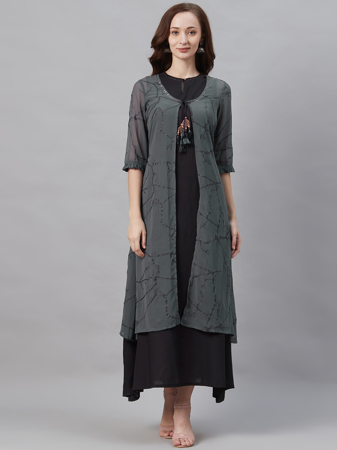 Buy Shree Women Charcoal Grey Abstract Print Layered Maxi Dress ...