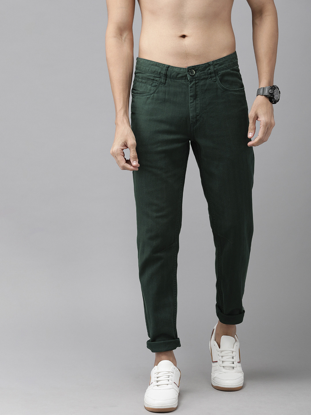 Buy Roadster Men Green Regular Fit Herringbone Self Design Regular ...