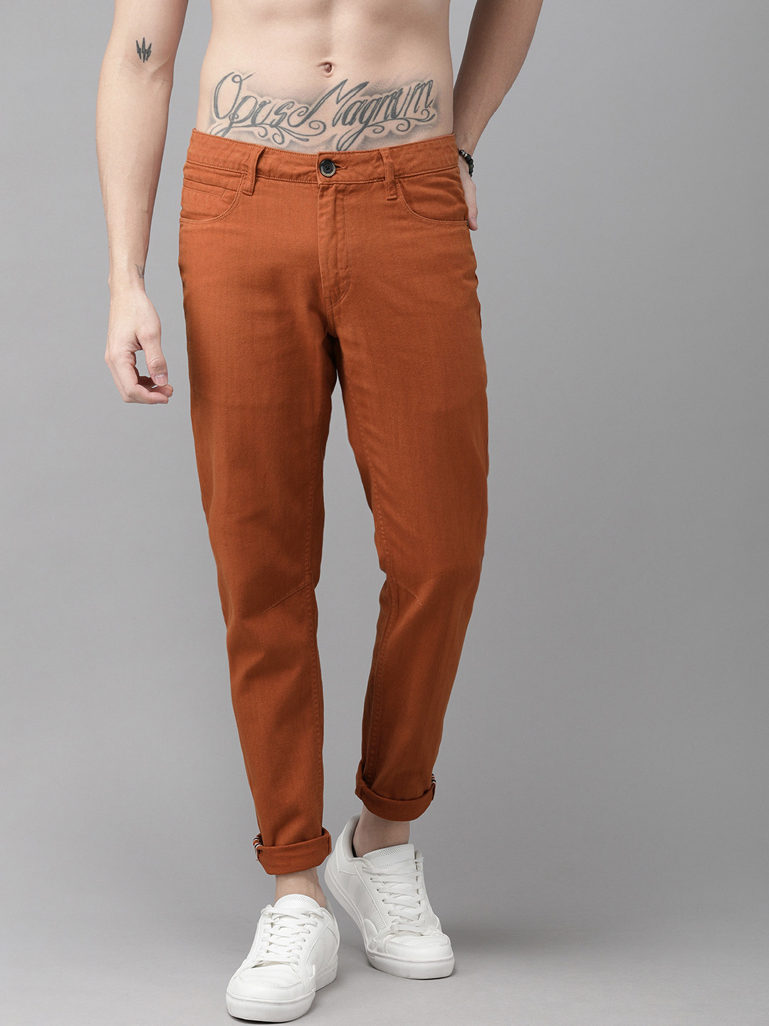 Buy Roadster Men Rust Brown Regular Fit Solid Regular Trousers ...