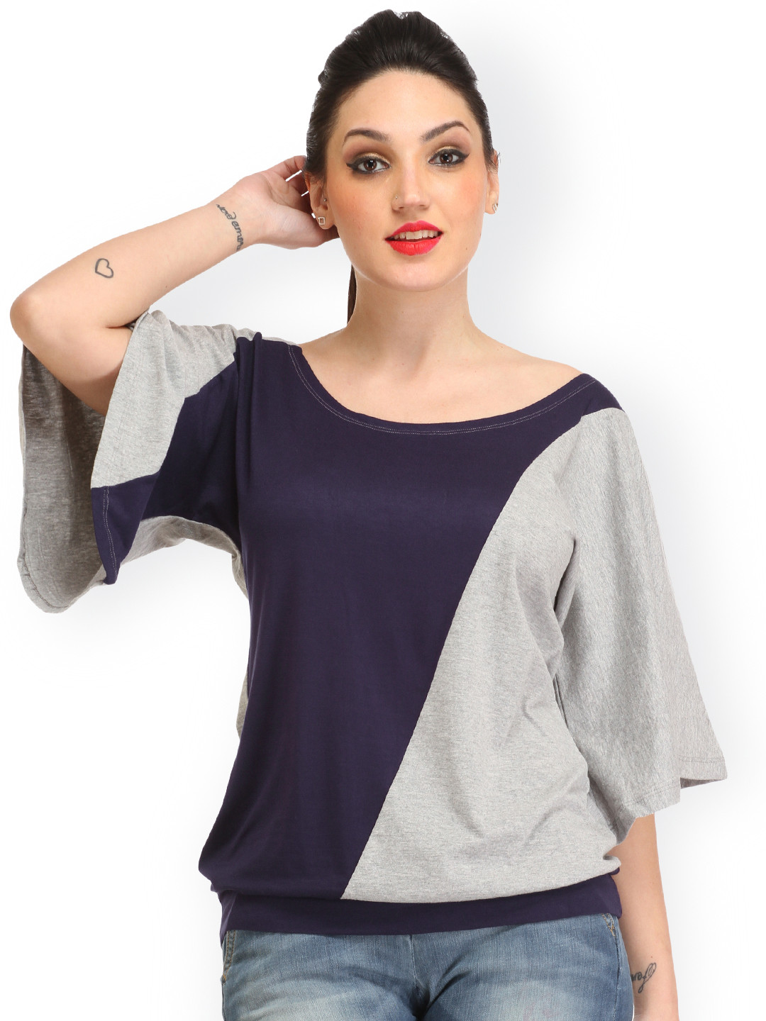 Buy Cation Blue & Grey Colourblock Top - Tops for Women 1269631 | Myntra