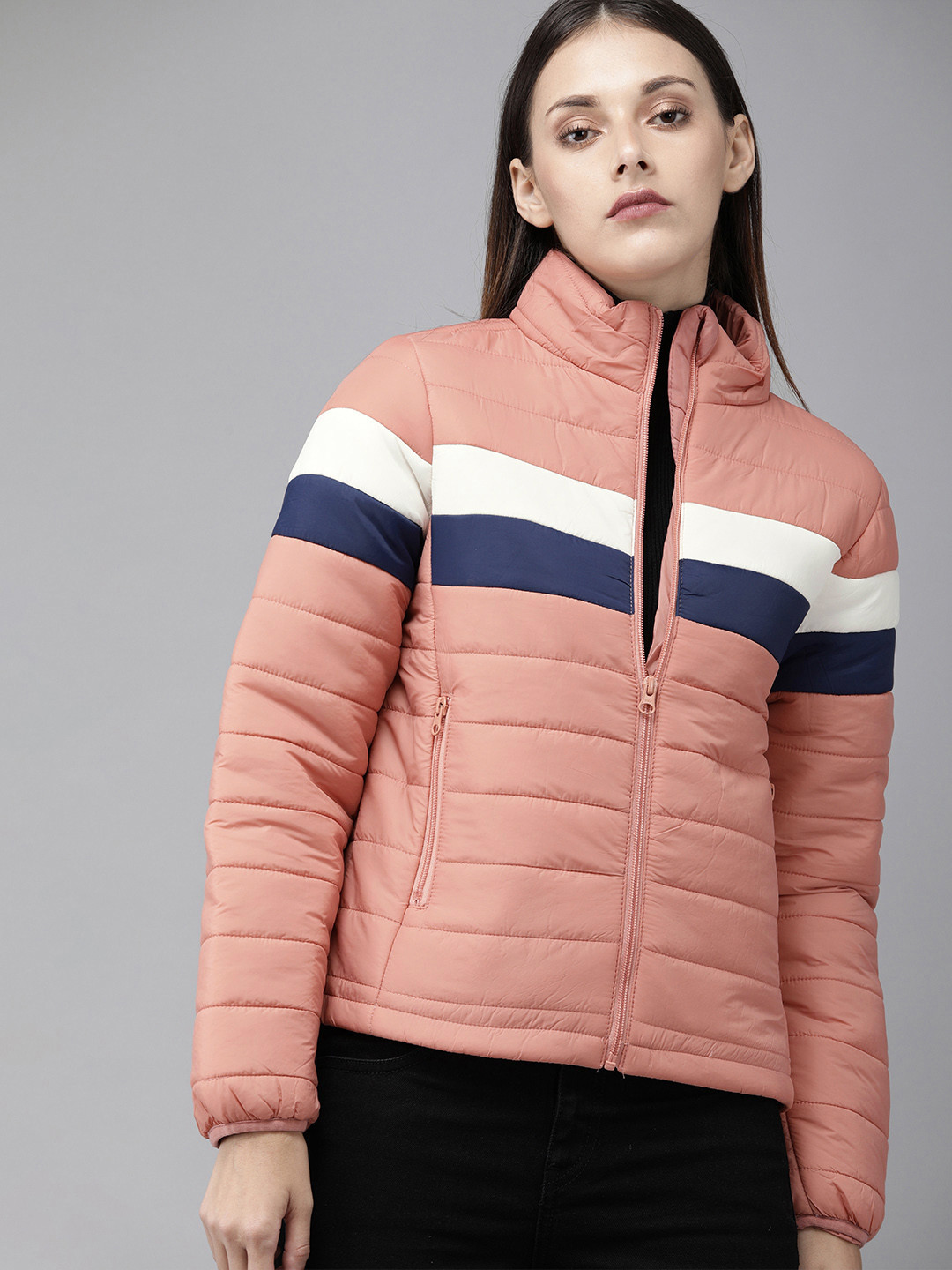 Buy Roadster Women Peach Coloured Striped Padded Jacket - Jackets for ...