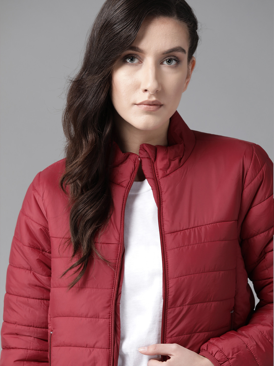 Buy Roadster Women Red Solid Hooded Padded Jacket - Jackets for Women ...