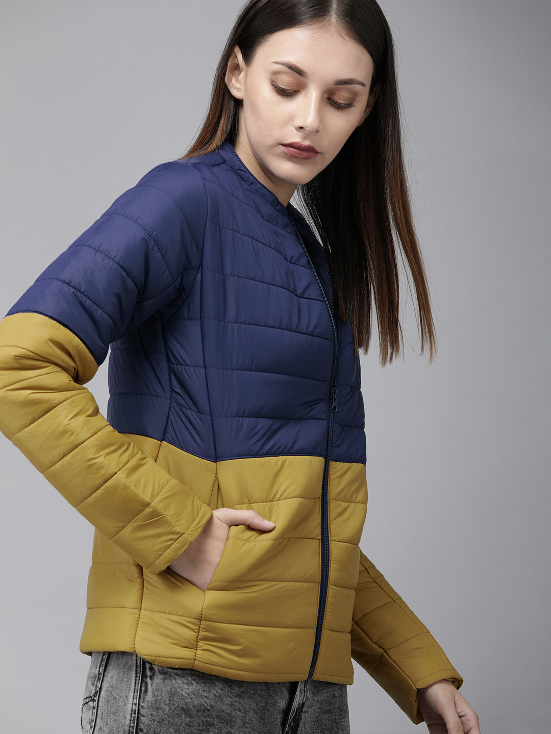 Buy Roadster Women Navy Blue & Mustard Yellow Colourblocked Padded ...