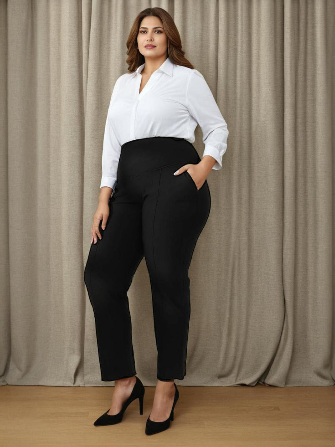 Buy Amydus Women Plus Size Black Regular Fit Solid Regular Trousers ...