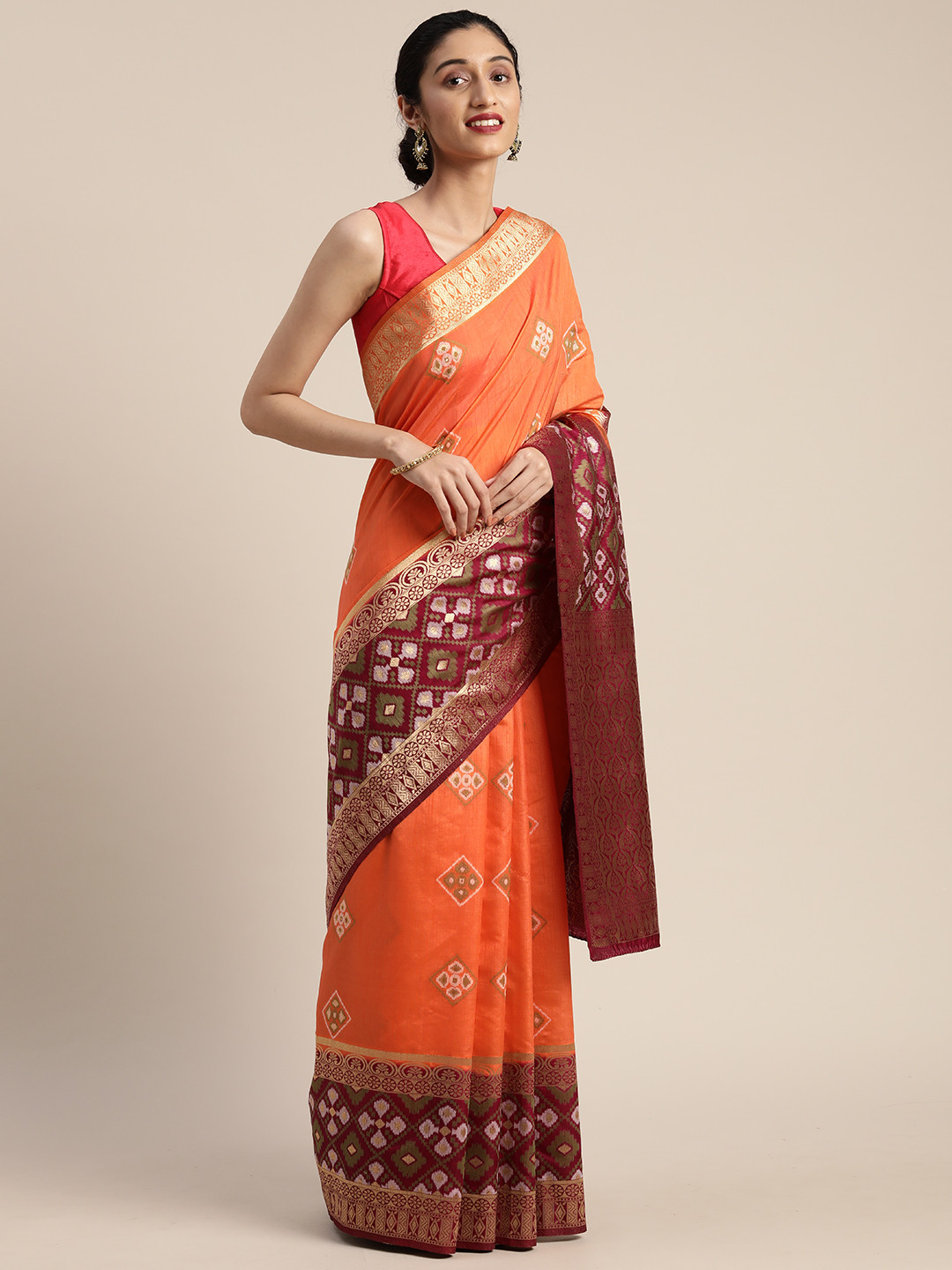 Buy MIMOSA Orange & Gold Toned Art Silk Woven Design Ikat Saree ...