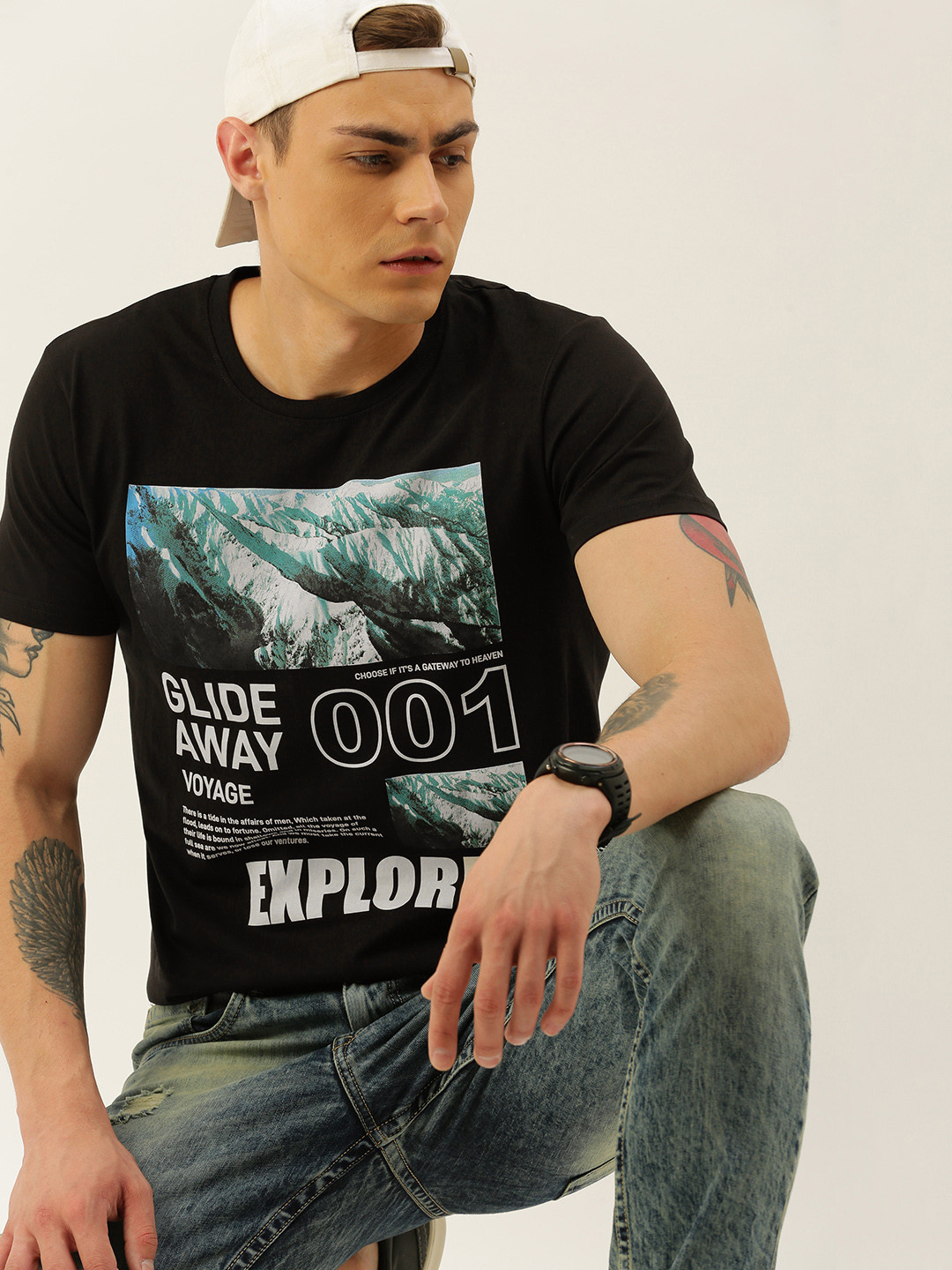 Buy Moda Rapido Men Black Printed Round Neck Pure Cotton T Shirt ...