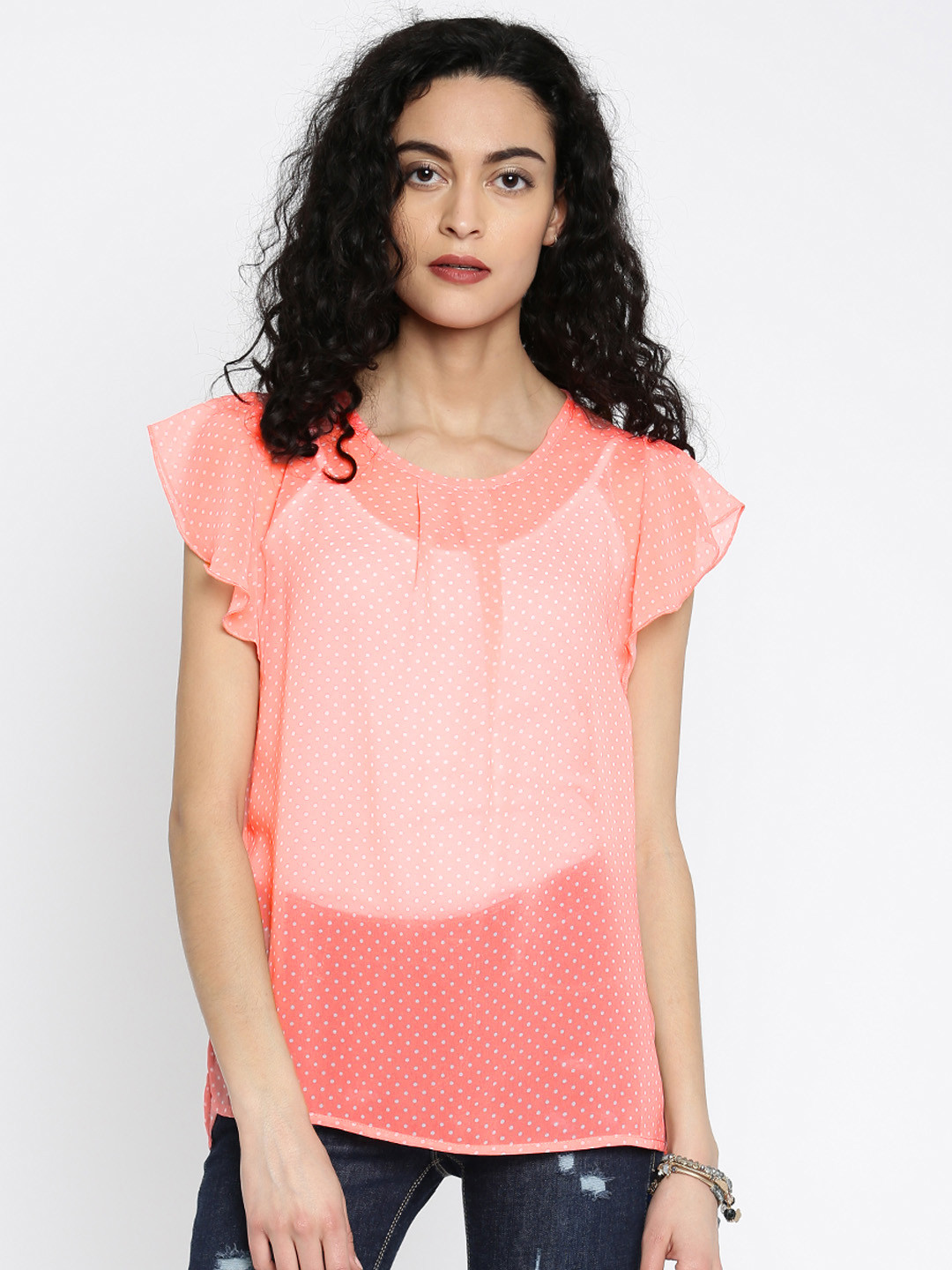 Buy People Coral Pink Printed Sheer Top - Tops for Women 1270372 | Myntra