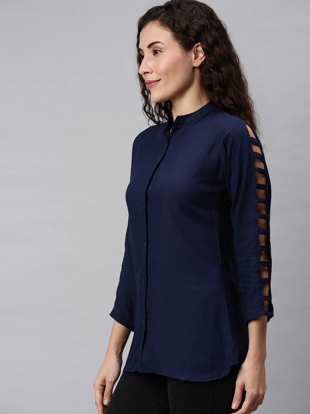 Buy VENISA Women Navy Blue Solid Shirt Style Top With Cut Out Detail ...