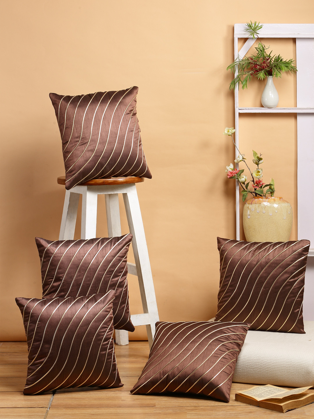 Buy DREAM WEAVERZ Brown & Gold Coloured Set Of 5 Self Striped Square ...