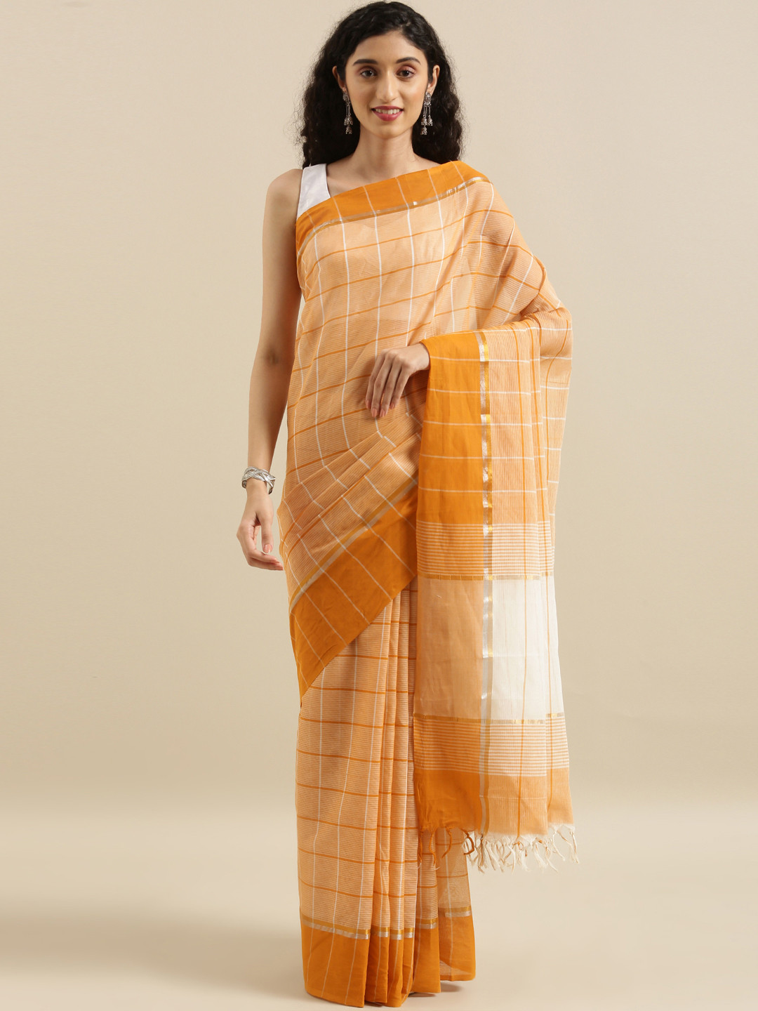 Buy The Chennai Silks Mustard Yellow & White Pure Cotton Checked Saree ...