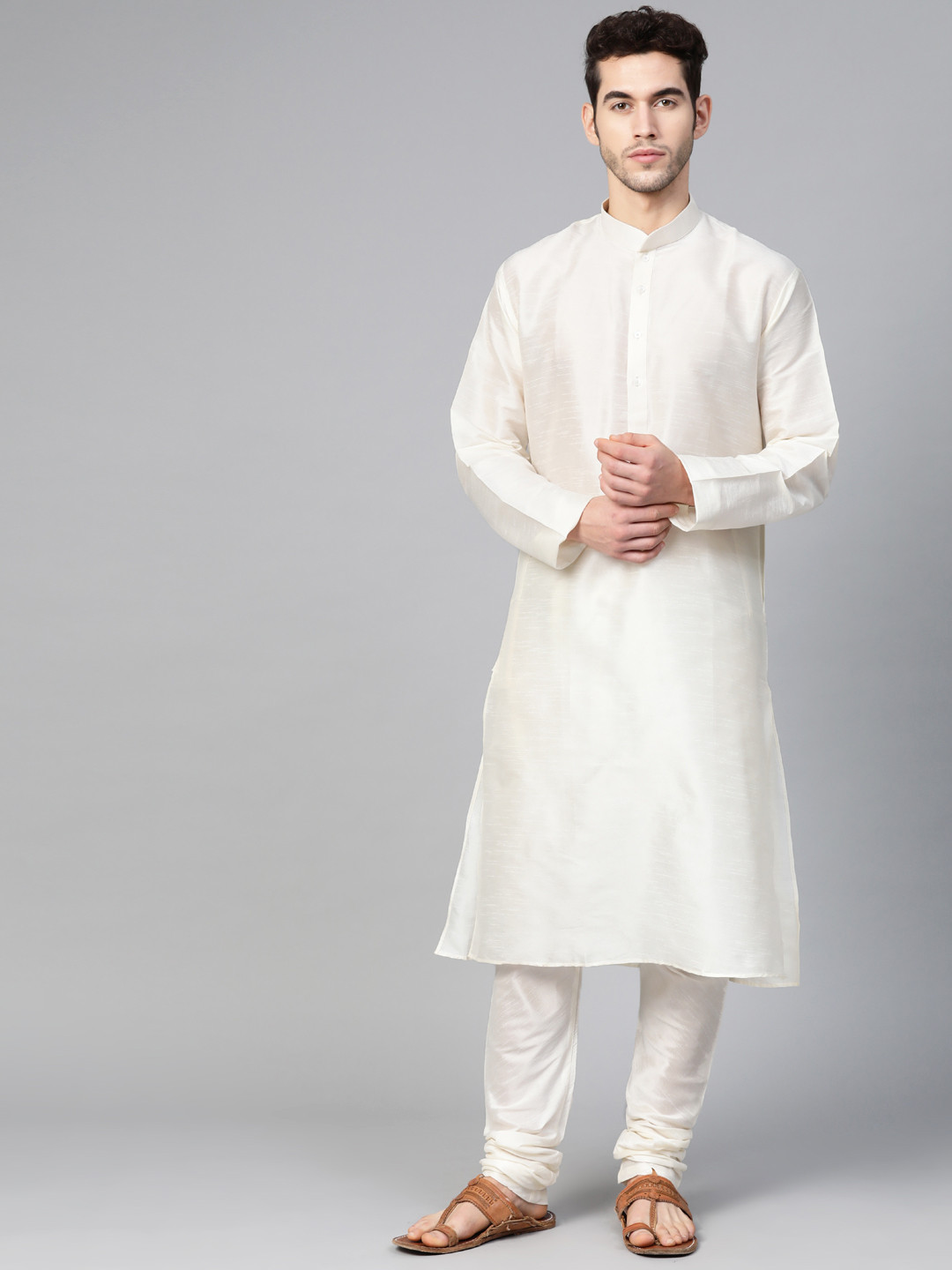 Buy MANQ Men Off White Solid Kurta With Churidar - Kurta Sets for Men ...
