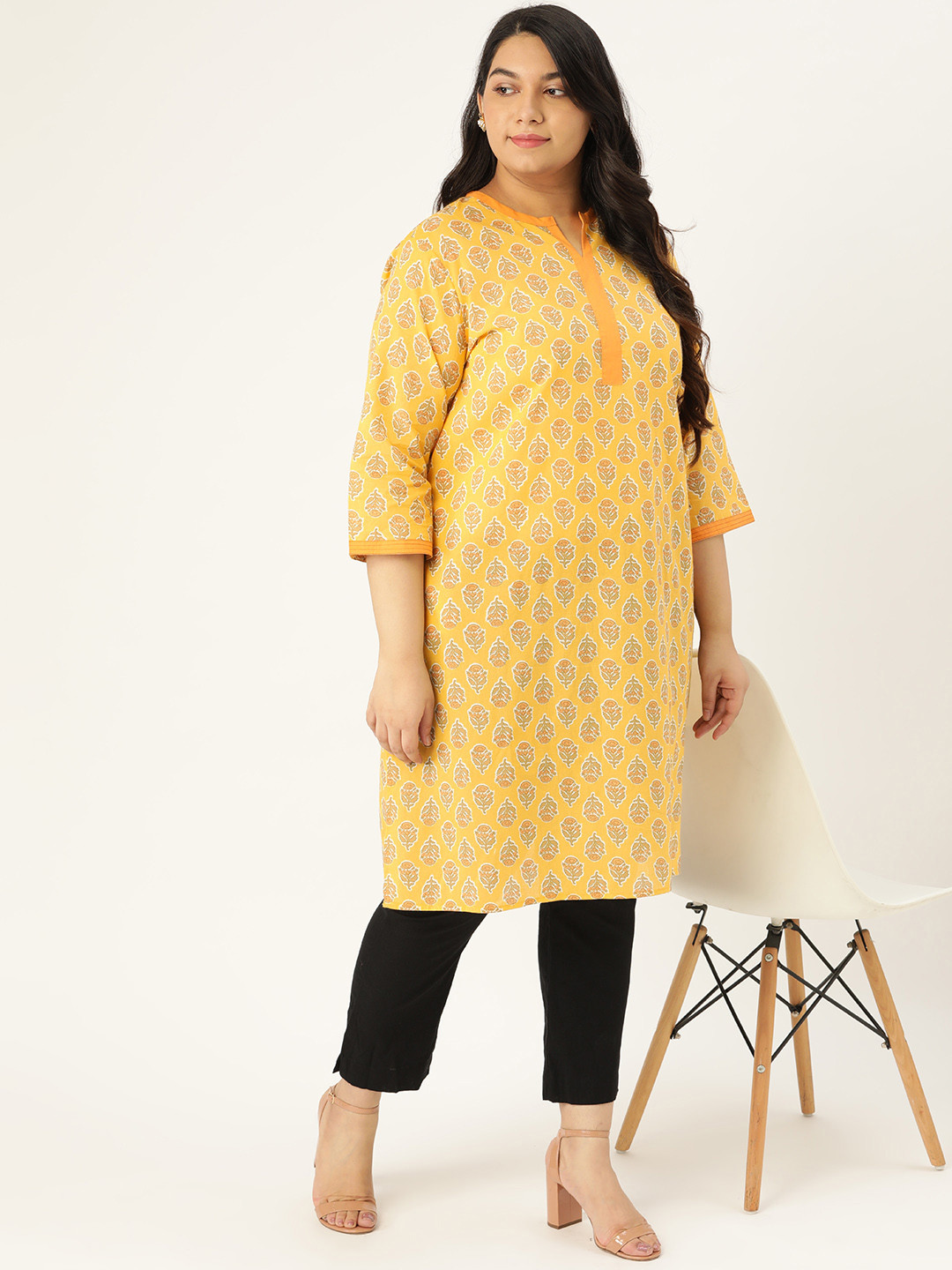 Buy Sztori Women Plus Size Mustard Yellow & White Printed Straight ...