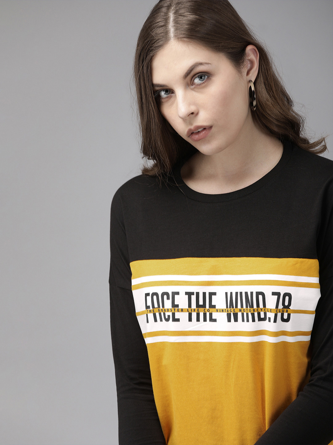Buy Roadster Women Yellow Black Colourblocked Round Neck Pure Cotton T ...