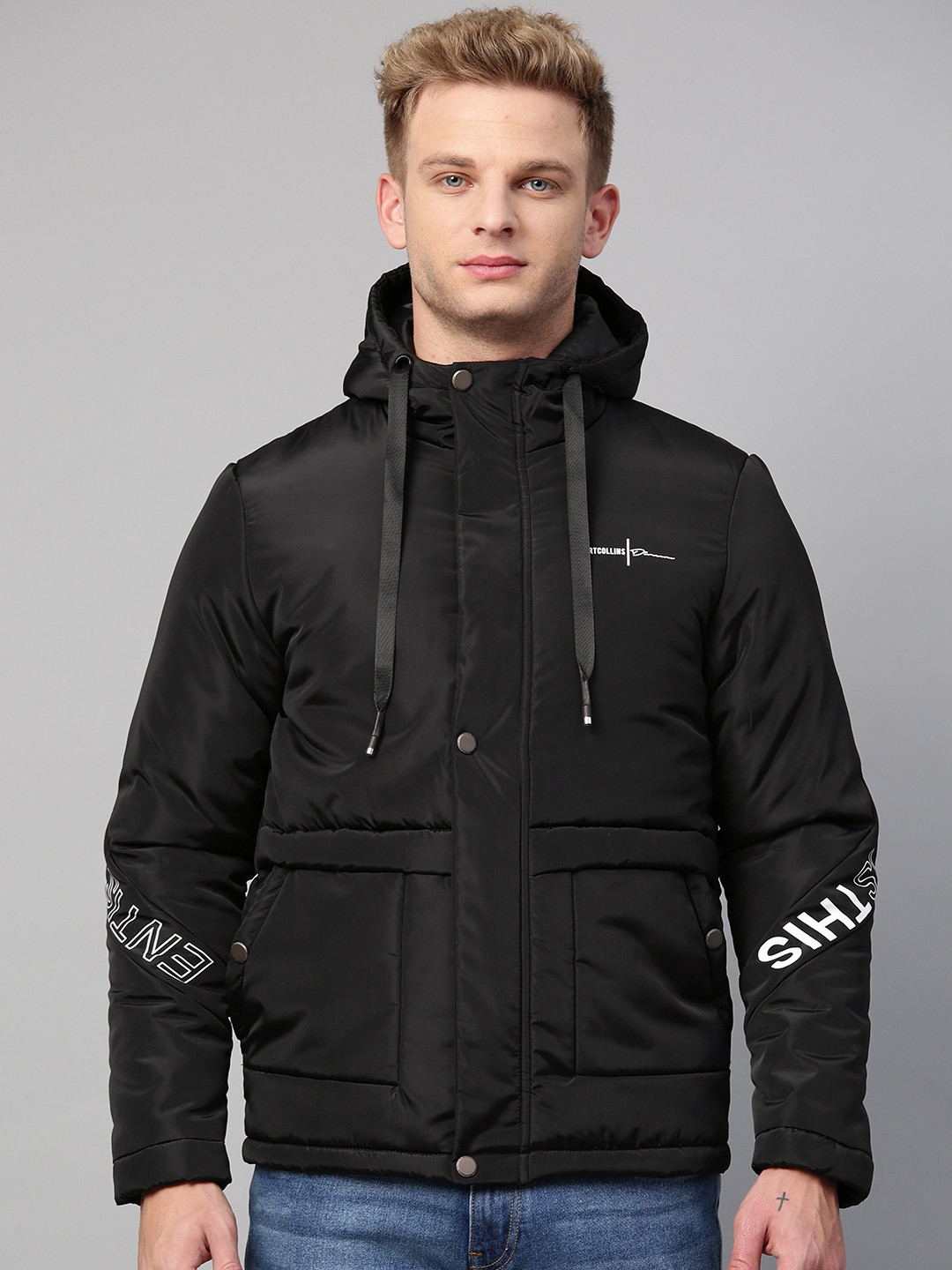 Buy Fort Collins Men Black Solid Lightweight Hooded Padded Jacket ...