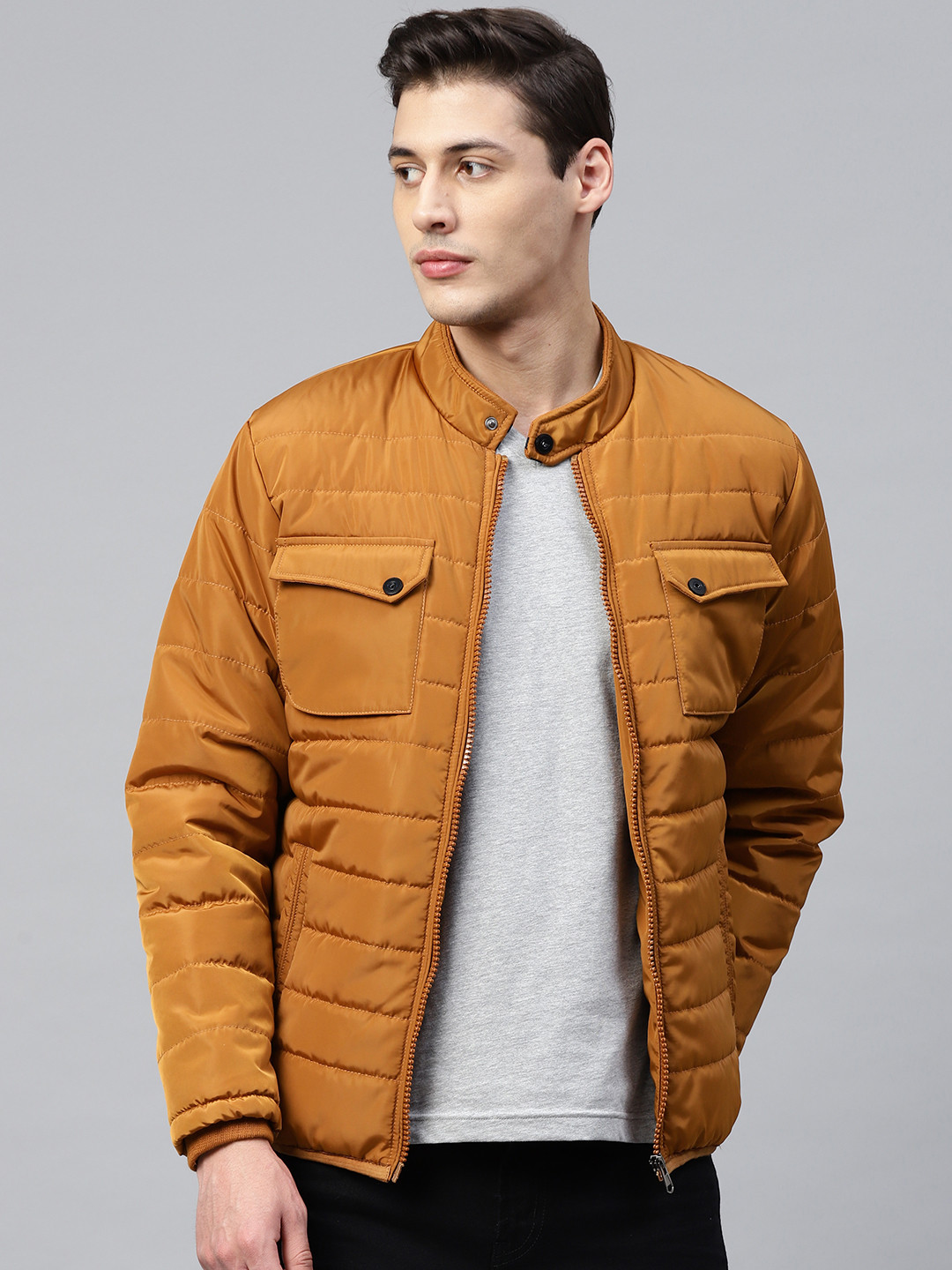 Buy Fort Collins Men Mustard Brown Solid Lightweight Padded Jacket ...