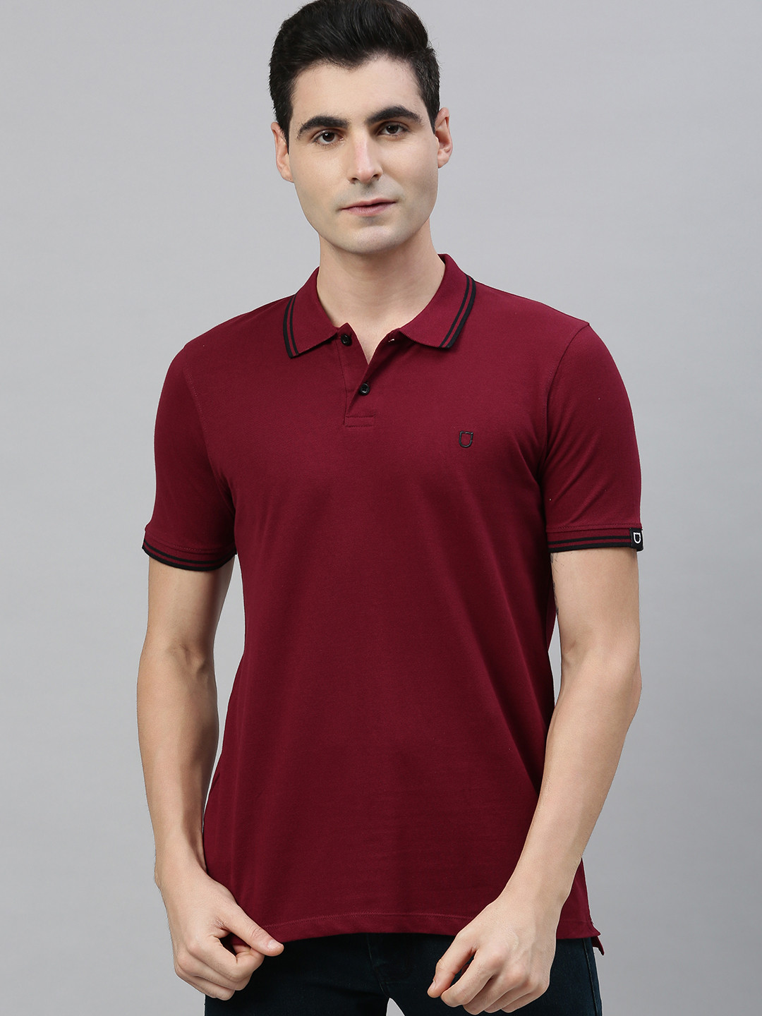 Buy Urbano Fashion Men Maroon Solid Polo Collar Pure Cotton T Shirt ...