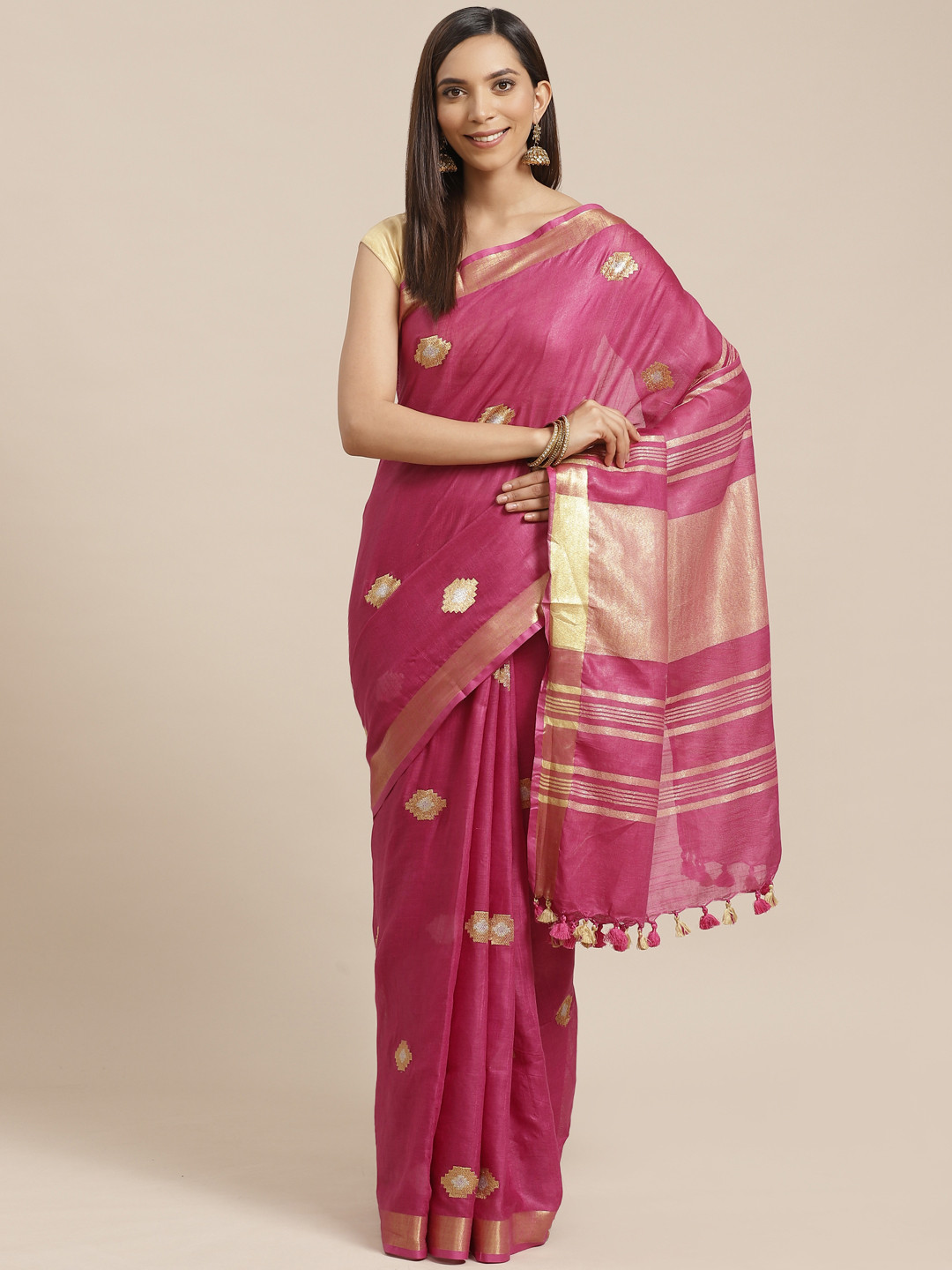 Buy Kalakari India Pink & Golden Handloom Woven Design Bhagalpuri ...
