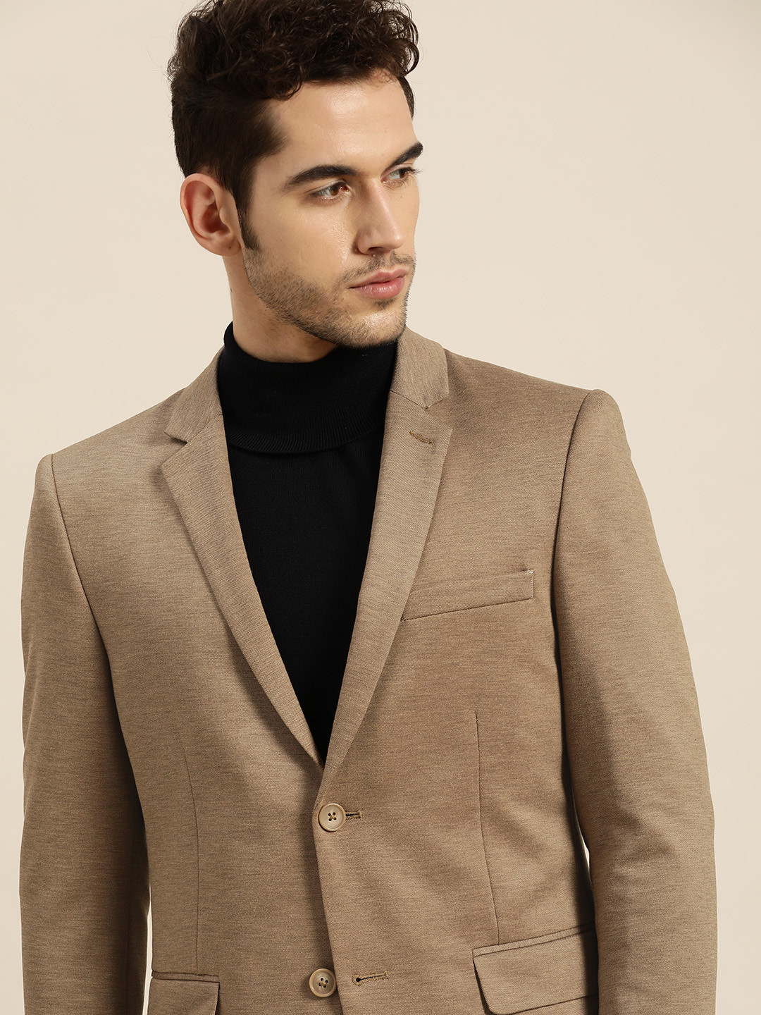 Buy INVICTUS Men Beige Solid Single Breasted Slim Fit Smart Casual ...