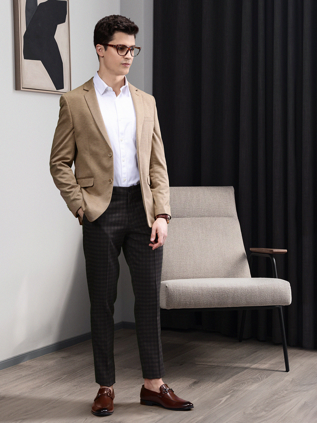 Buy INVICTUS Men Beige Solid Single Breasted Slim Fit Smart Casual ...