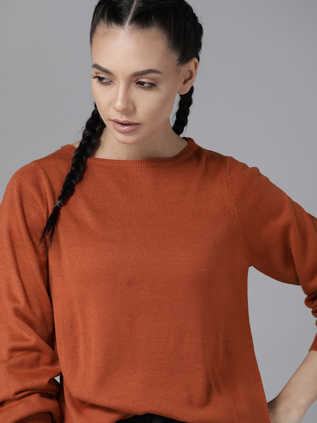 Buy Roadster Women Rust Orange Solid Pullover - Sweaters for Women ...