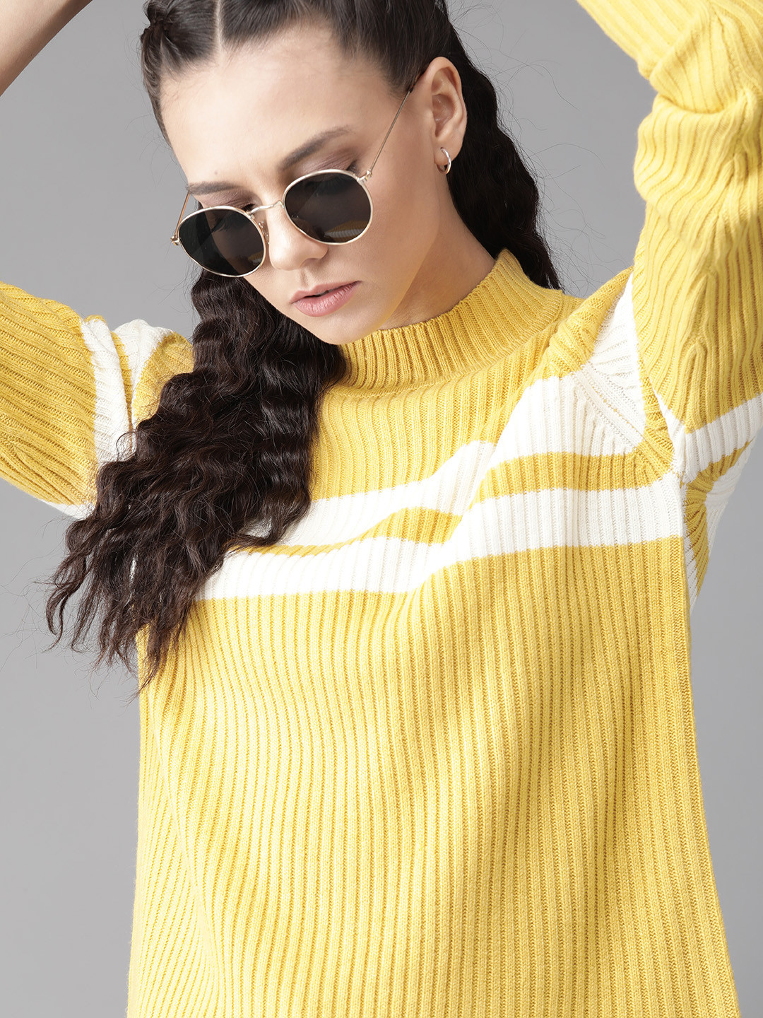 Buy Roadster Women Yellow Striped Pullover Sweater - Sweaters for Women ...