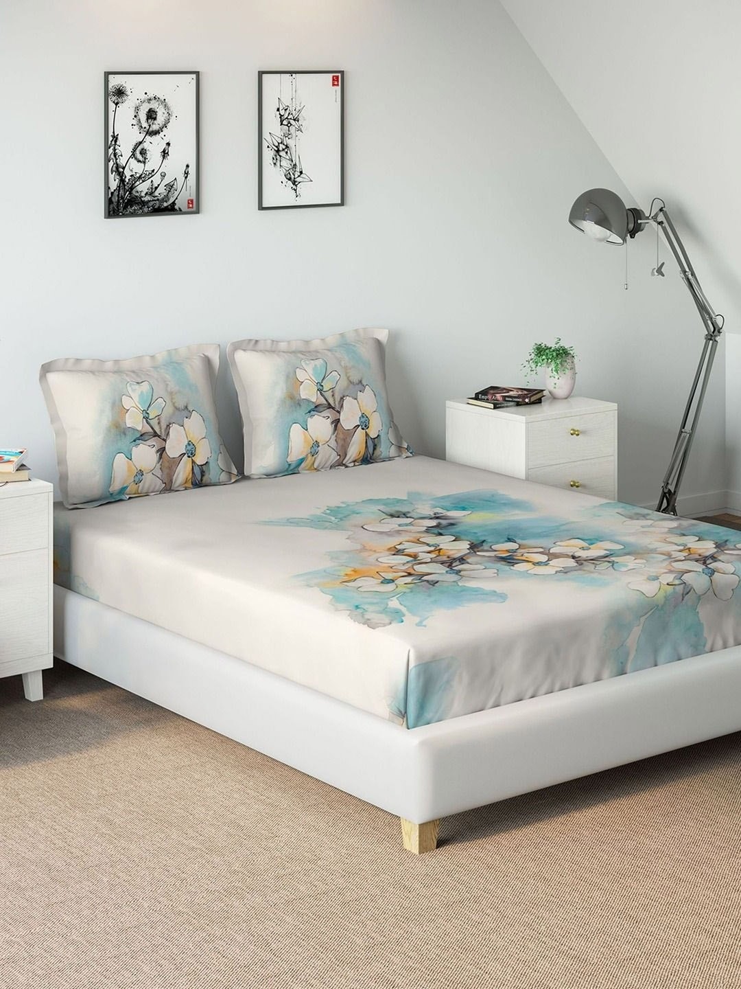 Buy Ddecor Off White And Blue Floral 144 Tc Cotton 1 King Bedsheet With 2