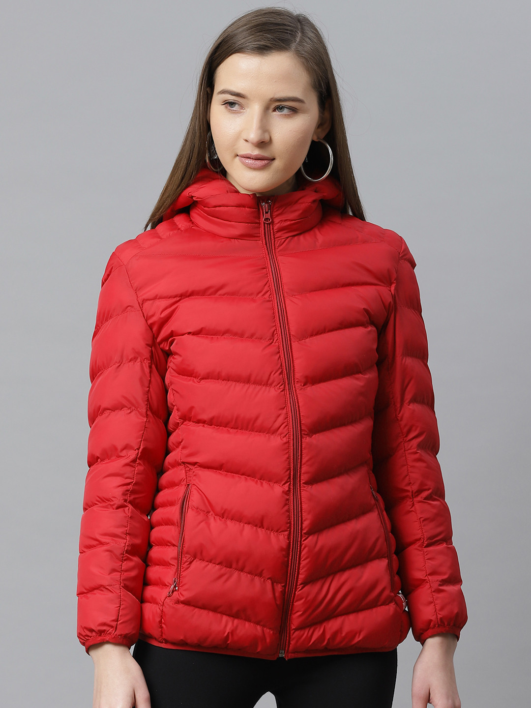 Buy Fort Collins Women Red Solid Lightweight Puffer Jacket With ...