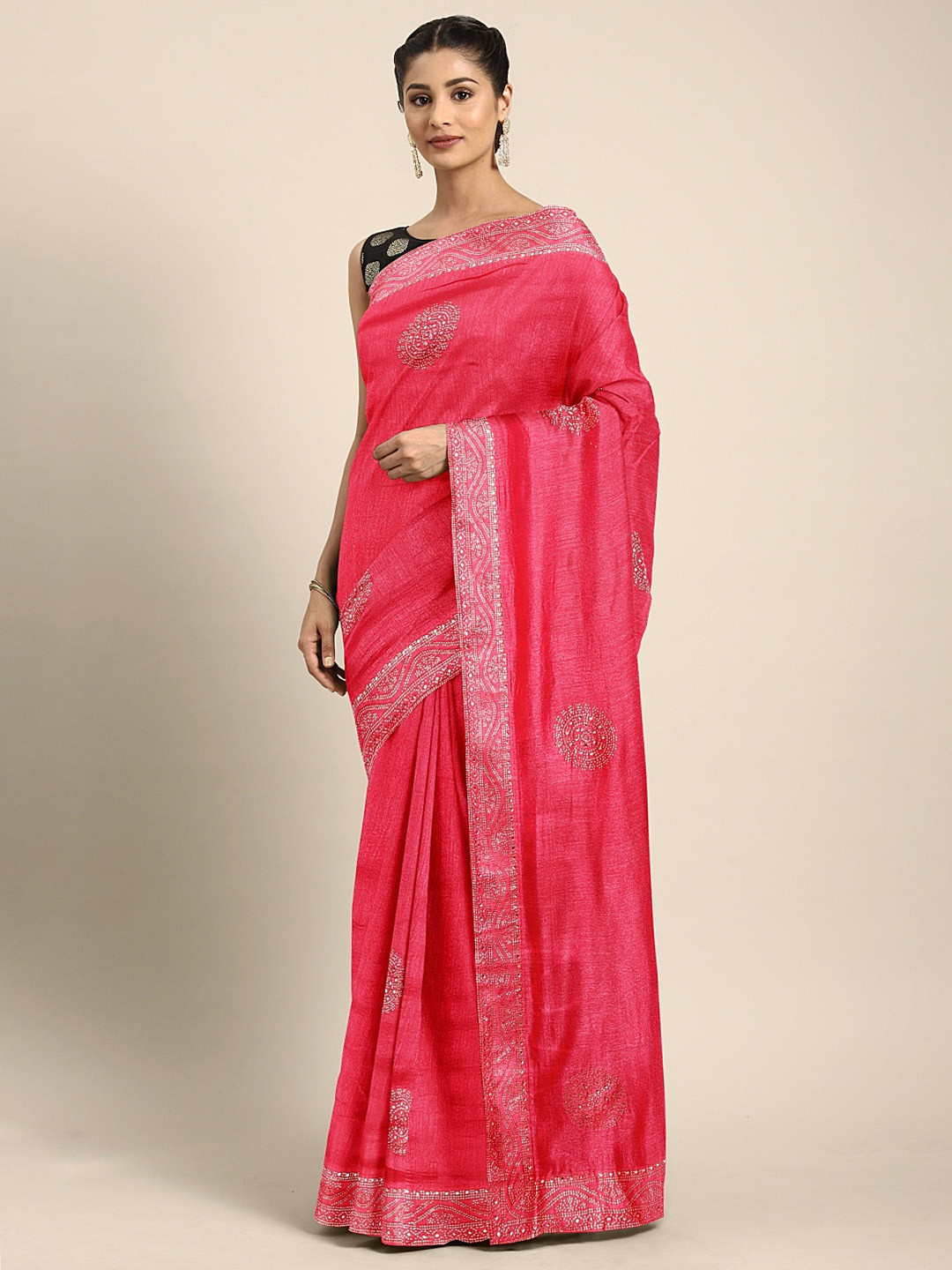 Buy Neerus Pink & Gold Toned Art Silk Embellished Saree - Sarees for ...