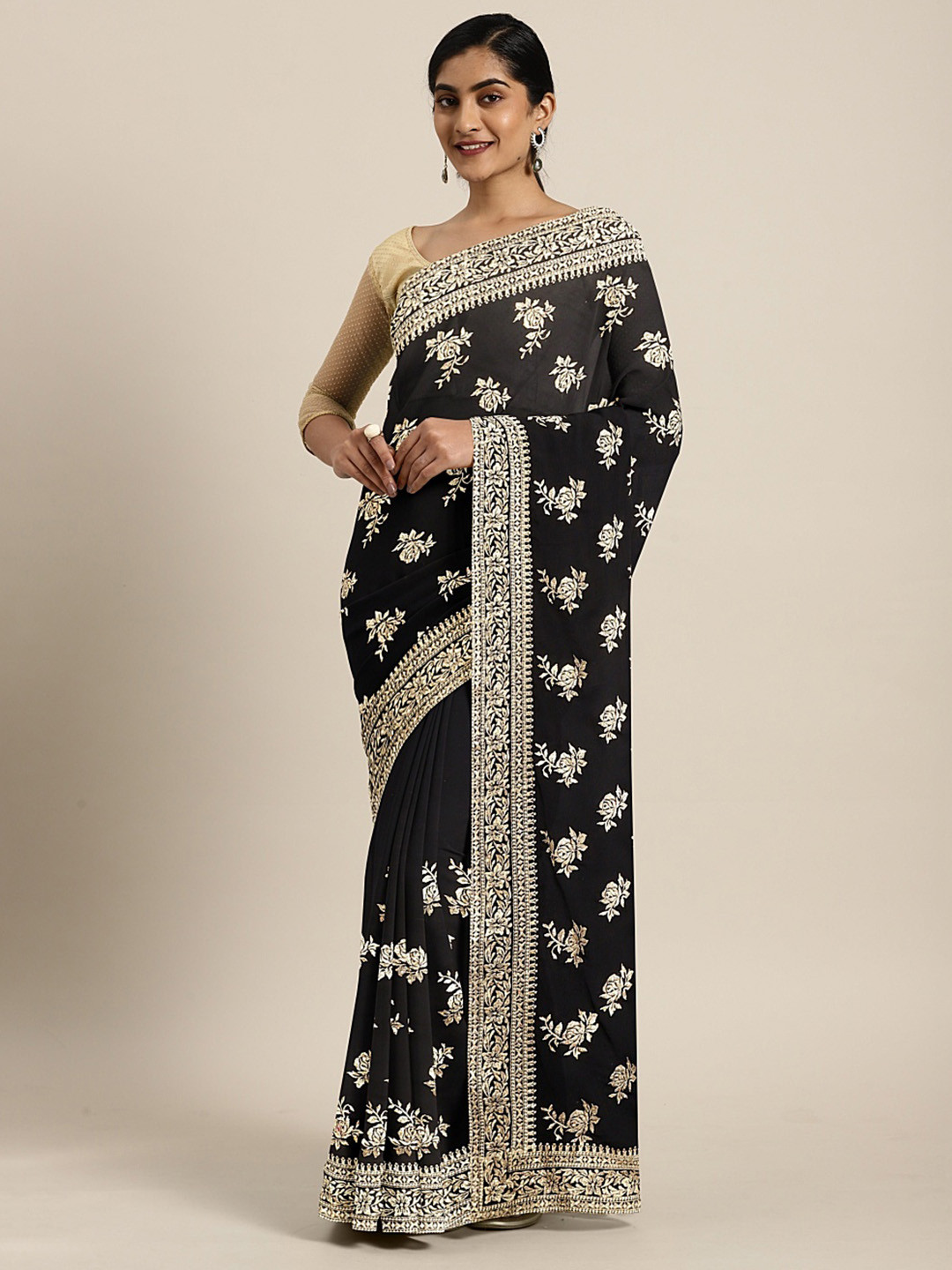 Buy Neerus Black & Gold Toned Poly Georgette Woven Design Saree ...