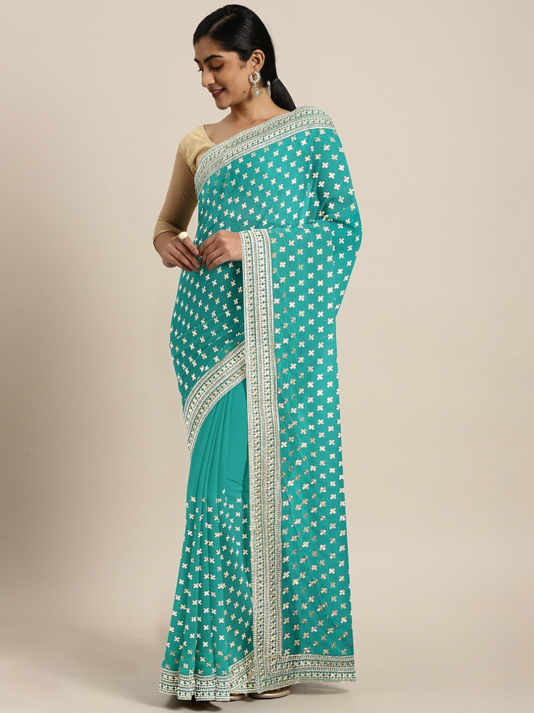 Buy Neerus Sea Green Printed Poly Georgette Saree - Sarees for Women ...