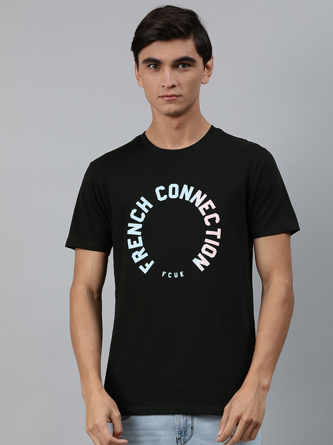 Buy French Connection Men Black Printed Round Neck Pure Cotton T Shirt ...