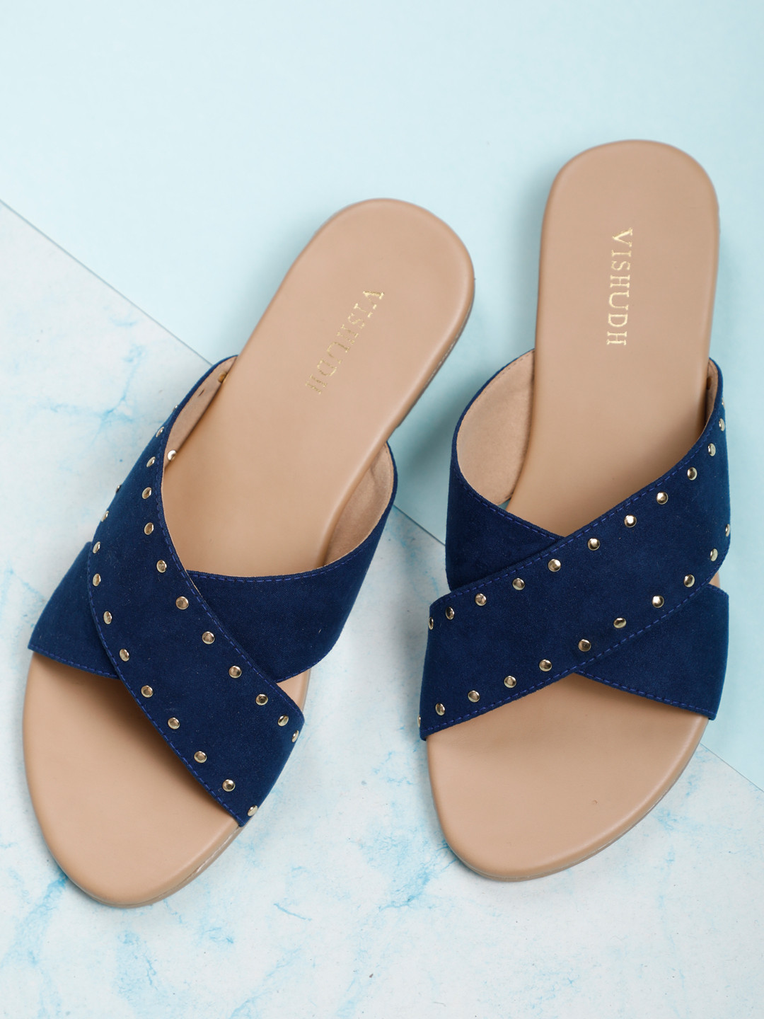 Buy Vishudh Women Navy Blue Solid Open Toe Flats - Flats for Women ...