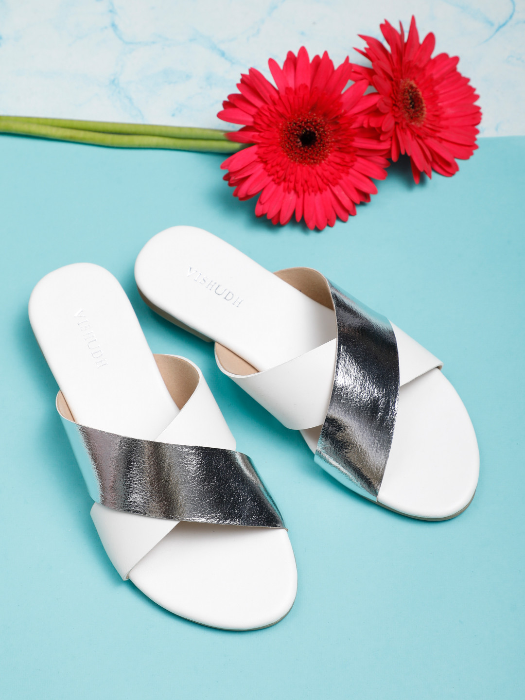 Buy Vishudh Women White & Silver Toned Colourblocked Open Toe Flats ...