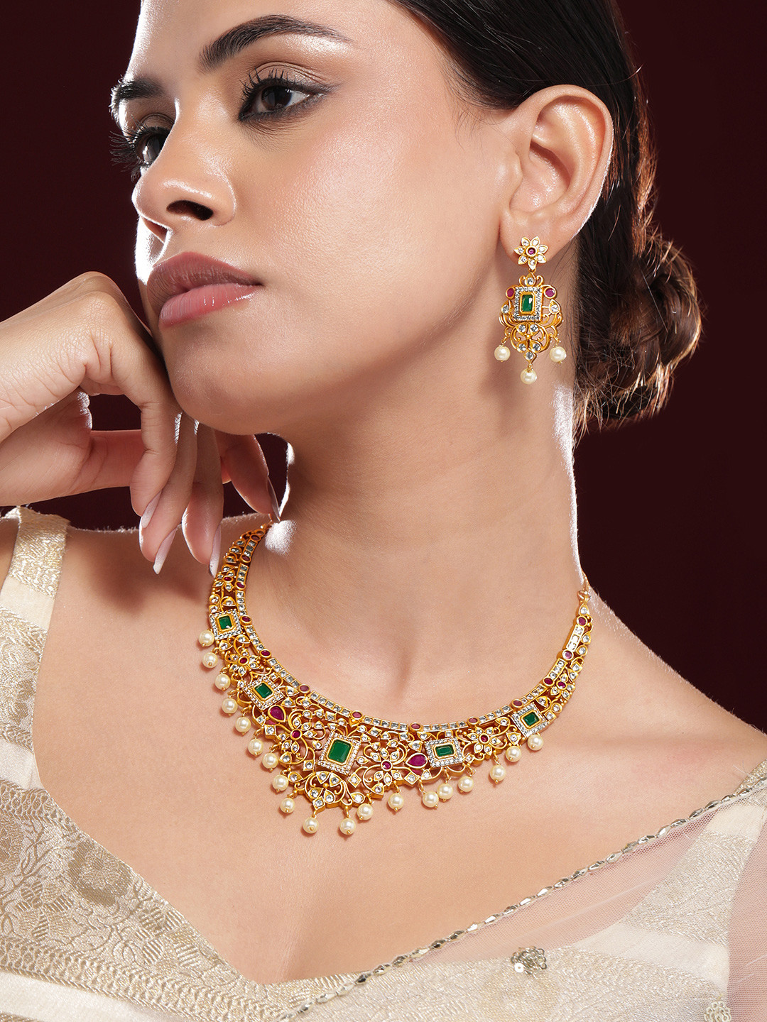 Buy Rubans 22K Gold Plated Ruby & Emerald Kundan CZ Studded With Gold Beaded Jewellery Set ...
