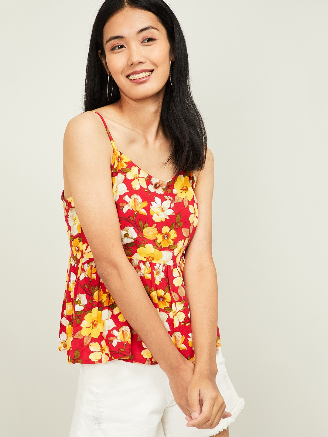 Buy Ginger By Lifestyle Women Red Floral Printed A Line Top - Tops for ...