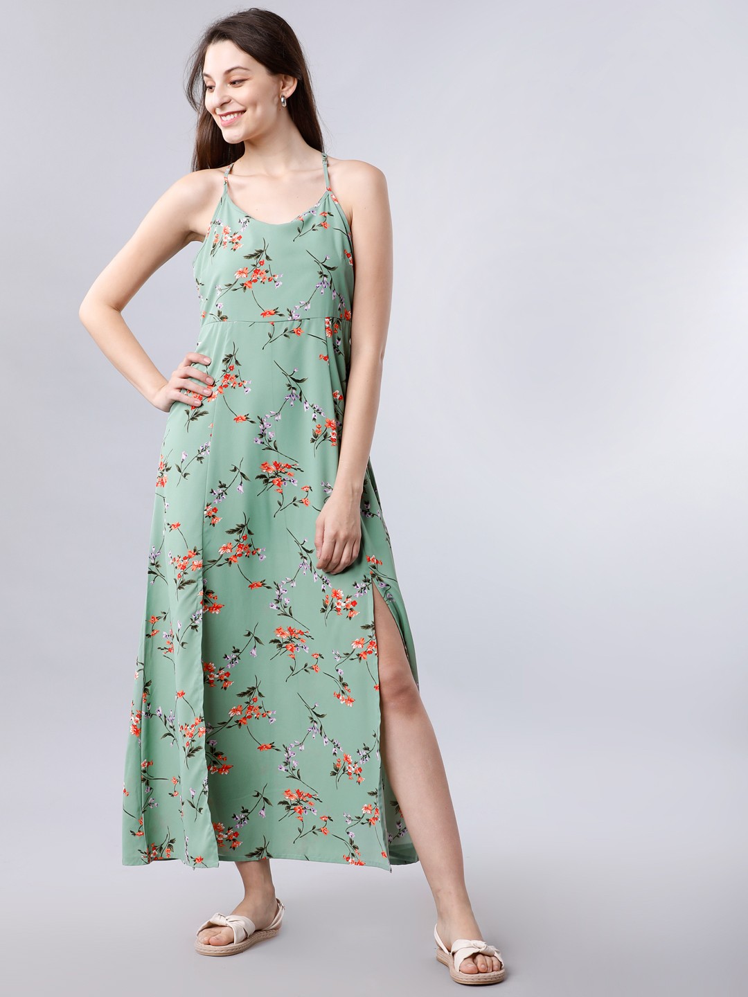 Buy Tokyo Talkies Green Floral Halter Neck Georgette Maxi Dress