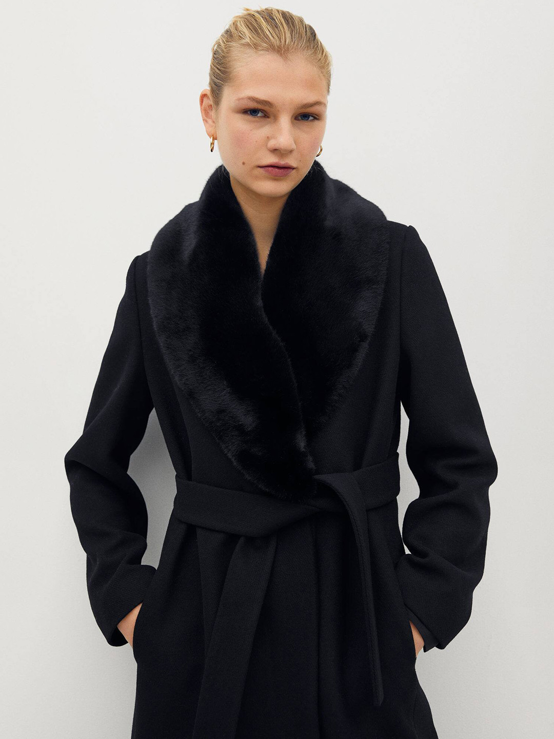 Buy MANGO Women Black Solid Longline Overcoat - Coats for Women ...