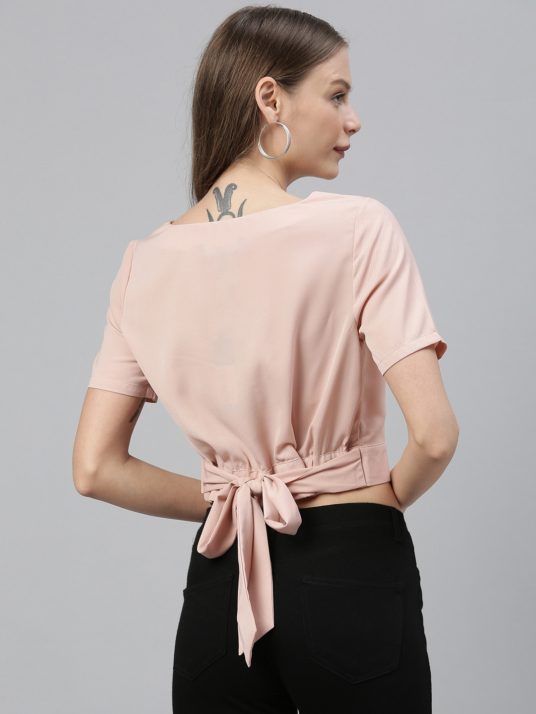 Buy Vero Moda Women Pink Solid Cropped Wrap Top With Back Tie Ups ...