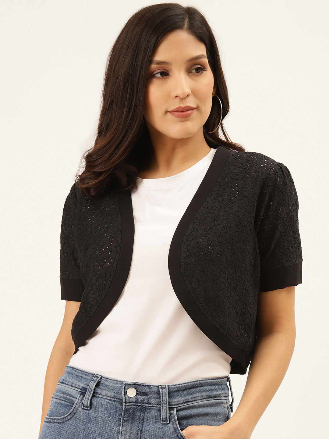 Buy Style Quotient Women Black Self Design Cropped Open Front Shrug ...