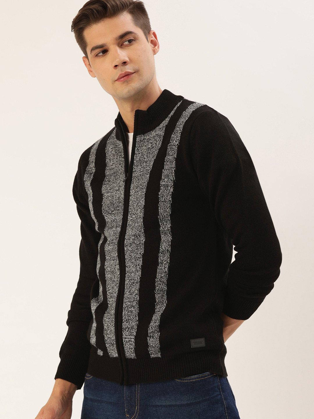 Buy Flying Machine Men Black & Grey Striped Front Open Sweater ...